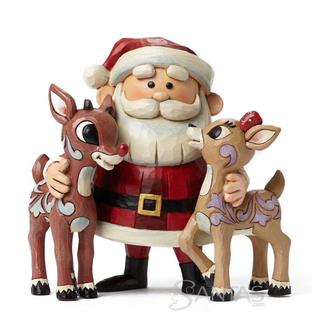 Santa Hugging Rudolph and Clarice Jim Shore Rudolph Traditions | santas.com